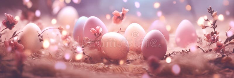 Dreamy Easter Background with Pink Flowers and Eggs Banner. Panoramic ...