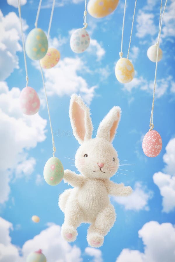 A Dreamy Easter Bunny Floating through a Sky of Cotton Candy Clouds, Dropping Decorated Eggs ...