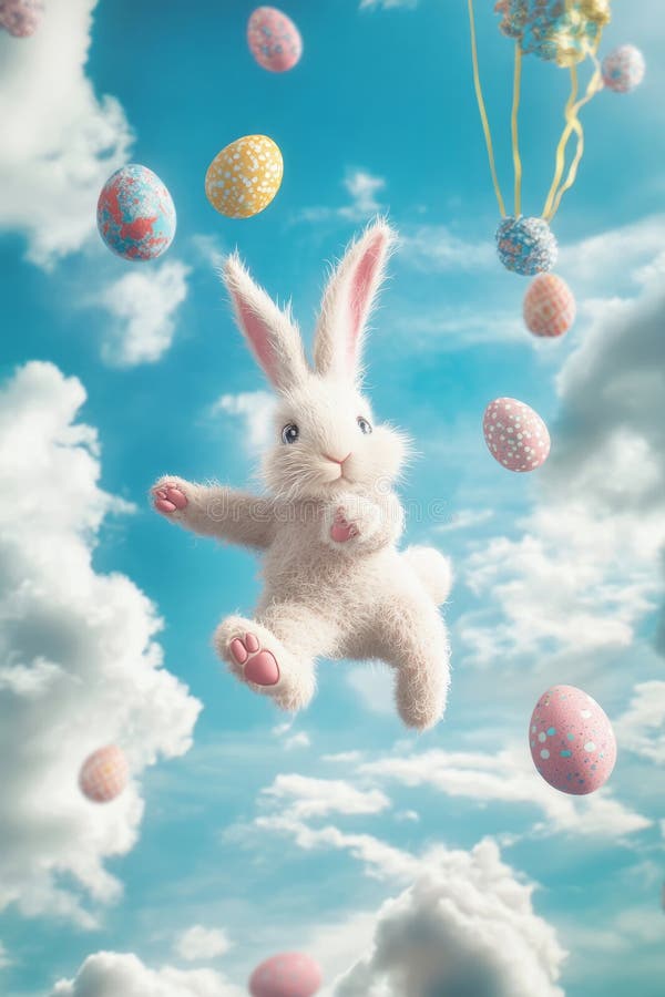 A Dreamy Easter Bunny Floating through a Sky of Cotton Candy Clouds, Dropping Decorated Eggs ...