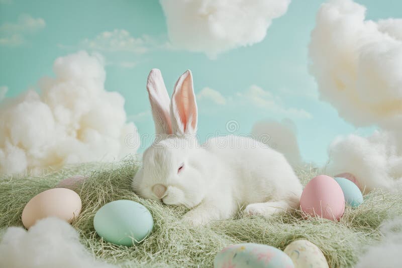 A Dreamy Easter Bunny Laying in a Patch of Soft Grass, Surrounded by ...