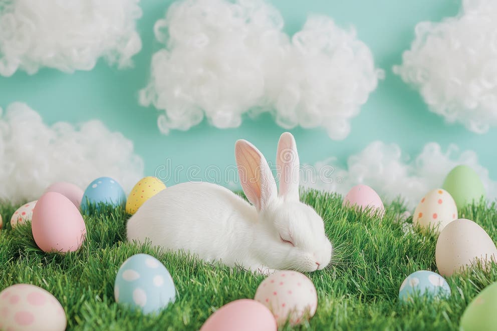 A Dreamy Easter Bunny Laying in a Patch of Soft Grass, Surrounded by ...