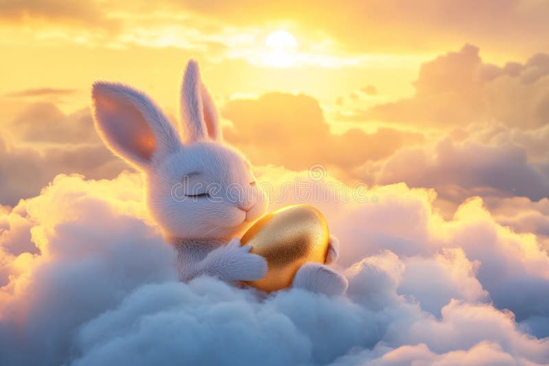 A Dreamy Easter Bunny Lying on a Fluffy Cloud, Holding a Golden Easter Egg that Glows Softly ...