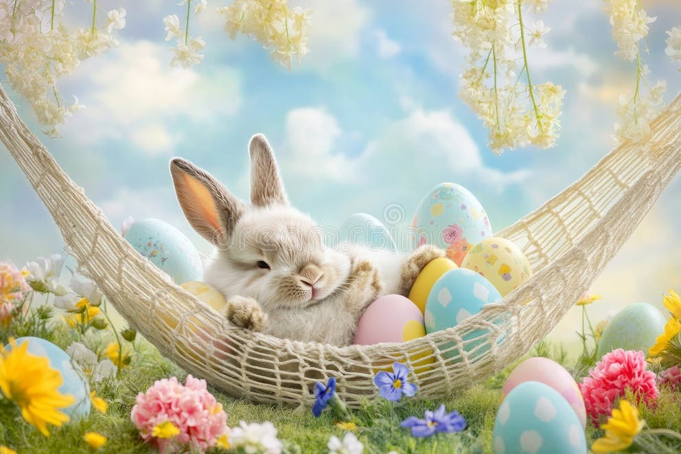 A Dreamy Easter Bunny Resting in a Hammock, Surrounded by Colorful ...
