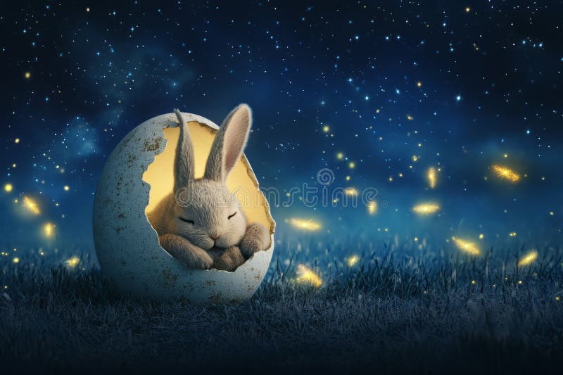A Dreamy Easter Bunny Resting Inside a Giant, Cracked Easter Egg Shell ...