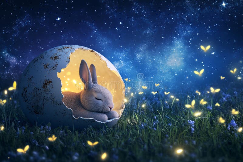 A Dreamy Easter Bunny Resting Inside a Giant, Cracked Easter Egg Shell ...