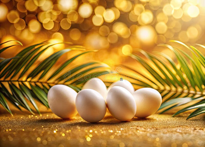 Dreamy Easter Scene Miniature White Eggs Under a Golden Palm Shadow ...