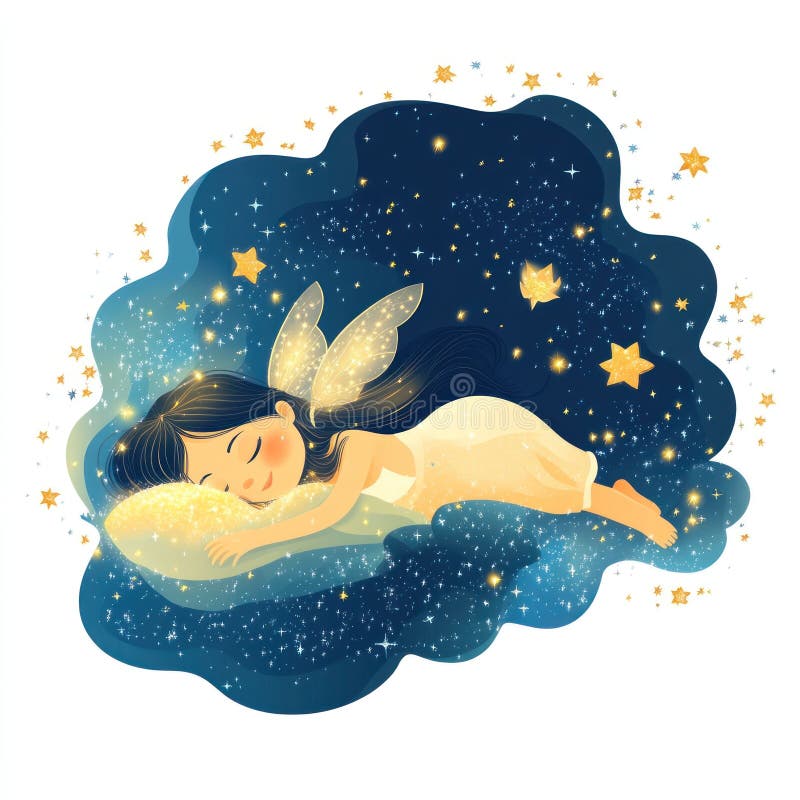 Dreamy Fairy Sleeping on Starry Cloud Illustration Stock Image - Image ...