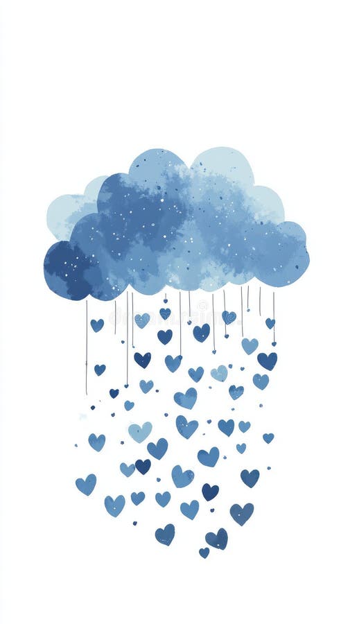 Cloud Raining Blue Hearts in Flat on White Background Stock ...