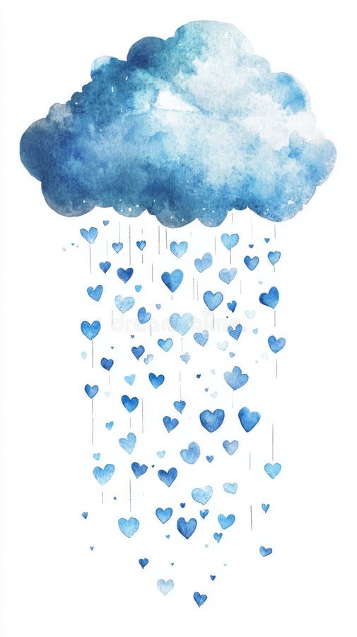 Cloud Raining Blue Hearts in Flat on White Background Stock ...