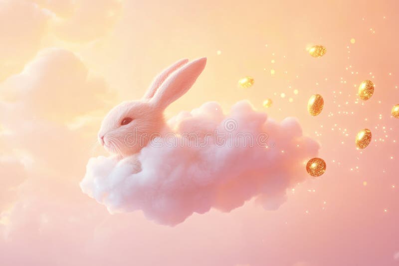 A Dreamy, Floating Easter Bunny Made of Delicate Clouds, Drifting Across a Soft Pink Sky with ...