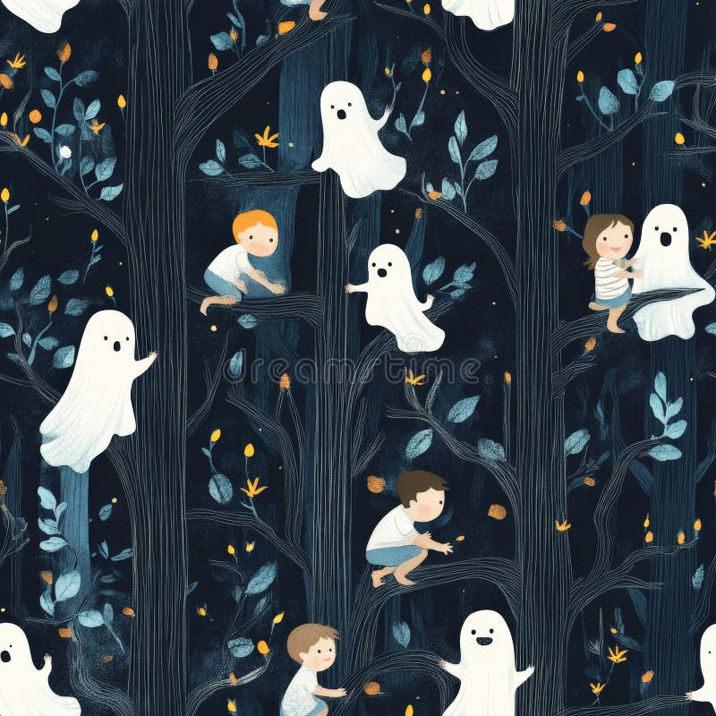 A Dreamy Friendly Ghost Pattern Where Children Play Hide-and-seek with Tiny, Glowing Ghosts in a ...