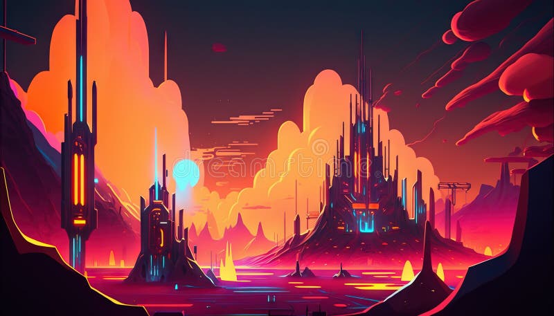 Dreamy Futuristic Landscape. Sci-fi Building with Light Rays. Neon ...