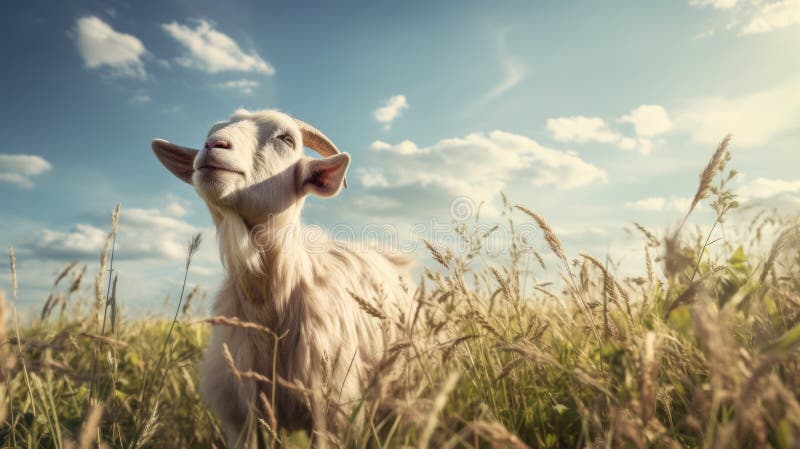 Dreamy Goat Grazing in Tall Grass with Soft Lighting Stock Illustration ...