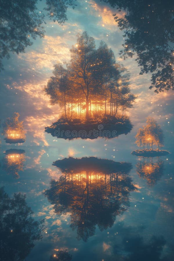 Floating Islands with Trees and Reflections in a Dreamy Landscape Stock ...
