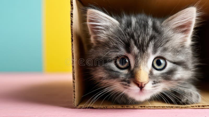 Dreamy Kitten in Open Cardboard Box Under Bright Blue and Yellow ...