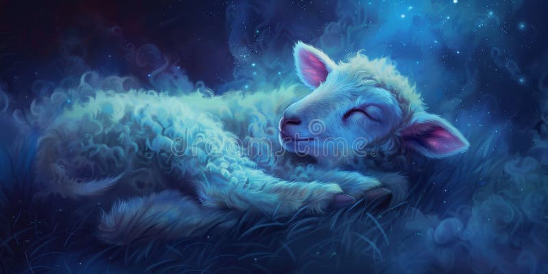 Dreamy Lamb Sleeping Under a Starry Night Sky with Ethereal Blue Glow ...