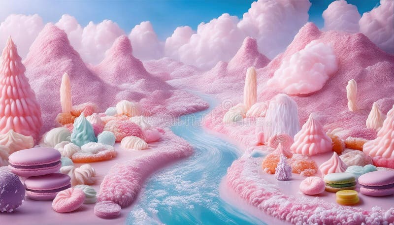 A Dreamy Landscape Made of Pink Sugary Mountains and a Candy River ...