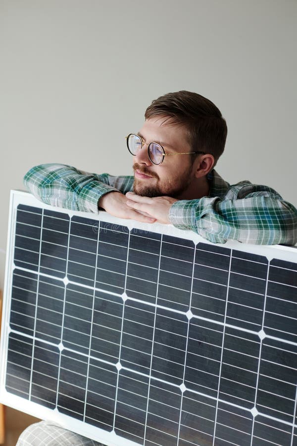 Dreamy Man with Solar Panel Stock Image - Image of glasses, sustainable ...