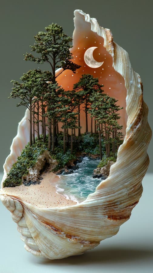 Dreamy Miniature Forest Scene Inside Seashell with Night Sky Stock ...