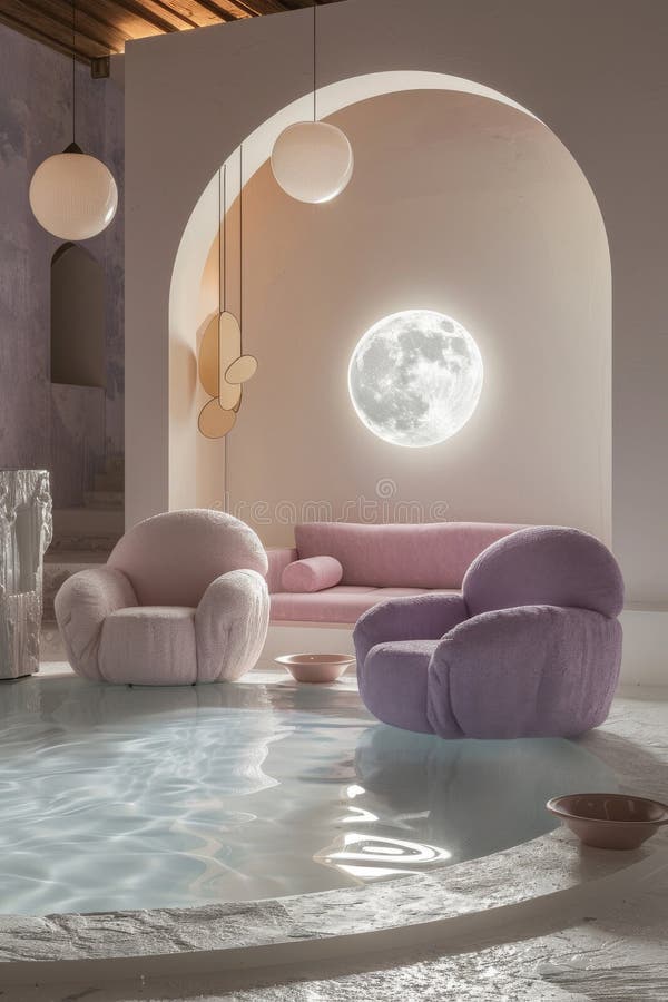 Dreamy Modern Interior with Pastel Armchairs and Floating Moon ...