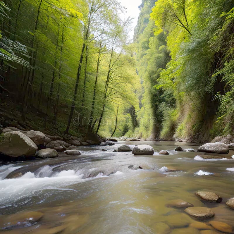 Dreamy Nature Forest Stream Stock Illustration - Illustration of nature ...