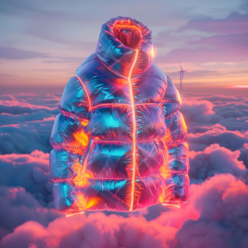Dreamy Neon Puffer Jacket Floating Above Clouds. Generative Ai Stock ...