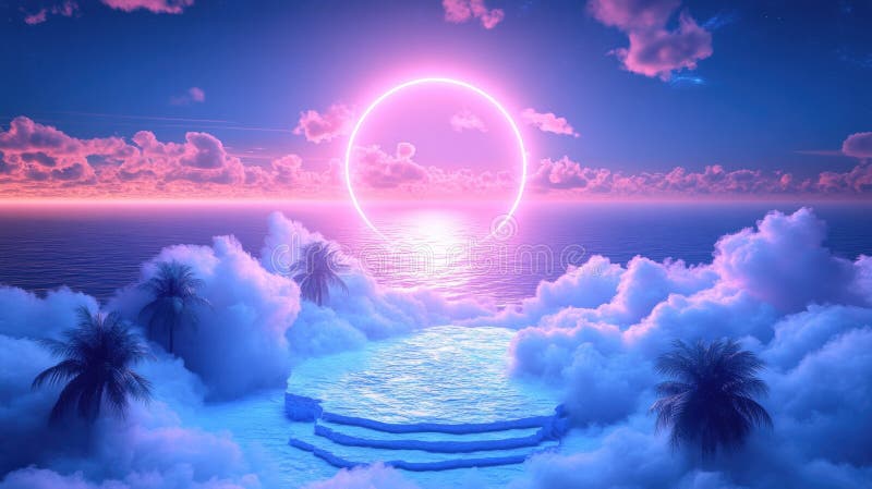 Dreamy Neon Sunset Scene Over Ocean Pink Clouds Palm Trees Stock Photos ...