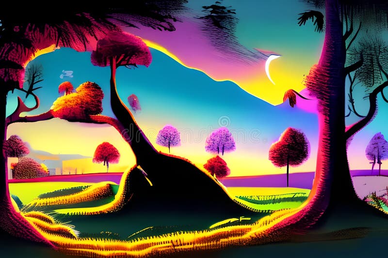 Dreamy Night Landscape, Generative AI Illustration Stock Illustration ...