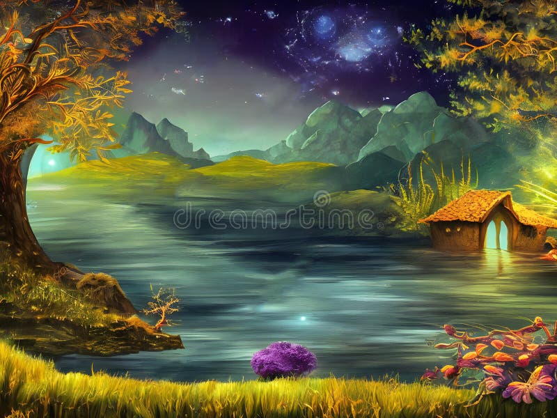 Dreamy Night Landscape, Generative AI Illustration Stock Image - Image ...