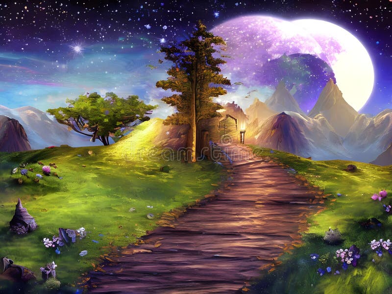 Dreamy Night Landscape, Generative AI Illustration Stock Illustration ...