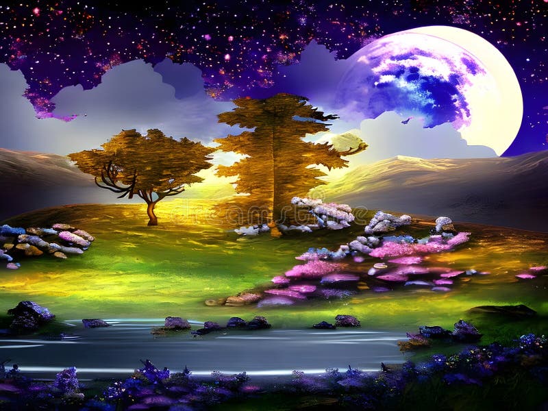 Dreamy Night Landscape, Generative AI Illustration Stock Illustration ...