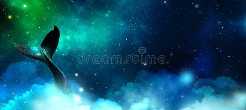Dreamy Night Scene with Magical Fish Swimming on Clouds Stock ...