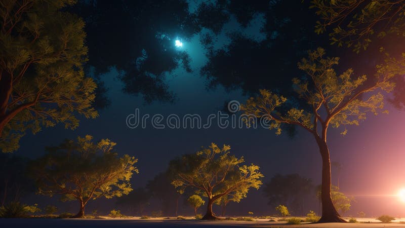 A Dreamy Night Scene of a Park with a Bench and Trees AI Generative ...