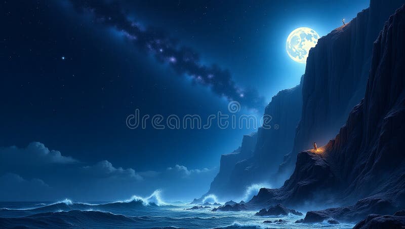 A Dreamy Nightscape with a Full Moon Illuminating the Ocean and ...