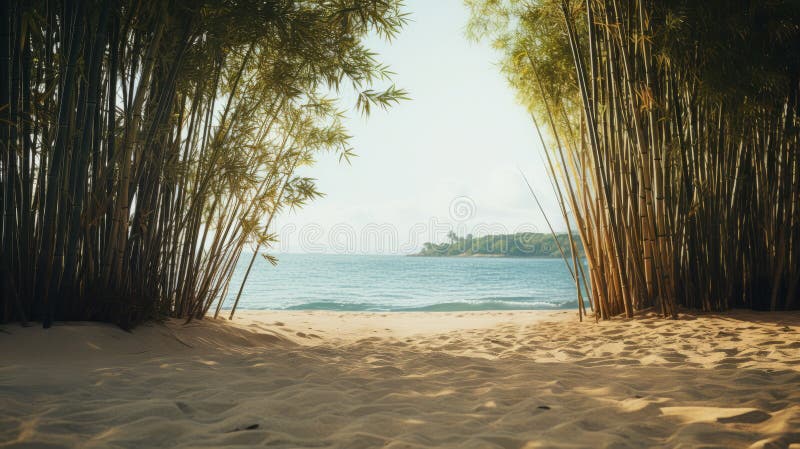 Dreamy Ocean View: Sandy Beach with Bamboo Trees Stock Illustration ...