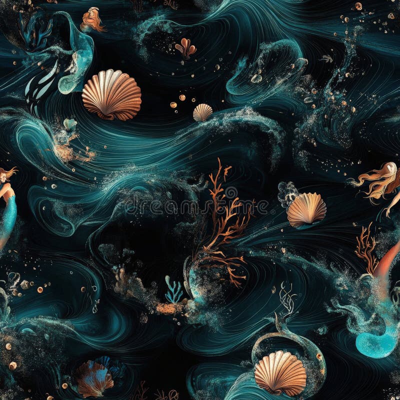 A Dreamy Ocean Wave Pattern with Seashells, Coral, and Mermaids ...