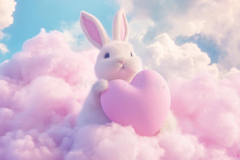 A Dreamy Pastel-colored Easter Bunny Floating on a Fluffy Cotton Candy Cloud, Holding a Giant ...