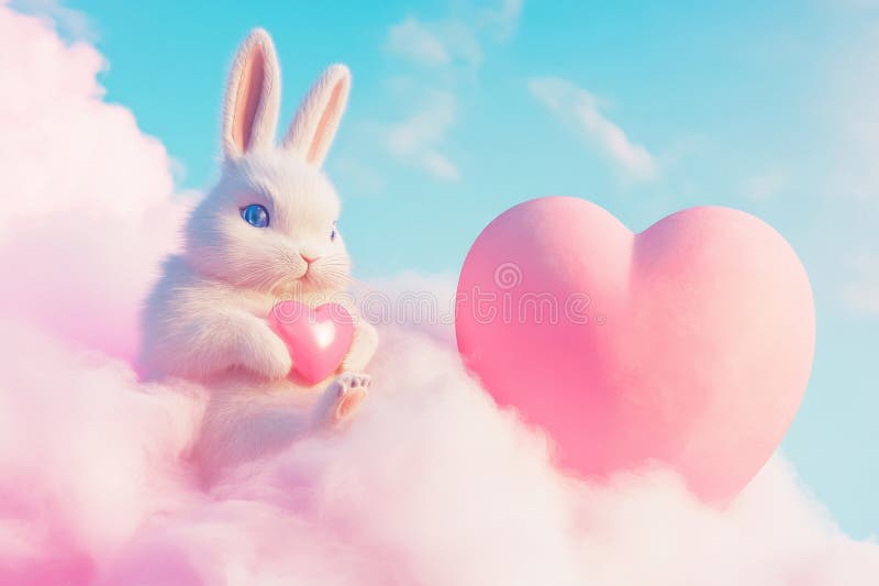 A Dreamy Pastel-colored Easter Bunny Floating on a Fluffy Cotton Candy Cloud, Holding a Giant ...