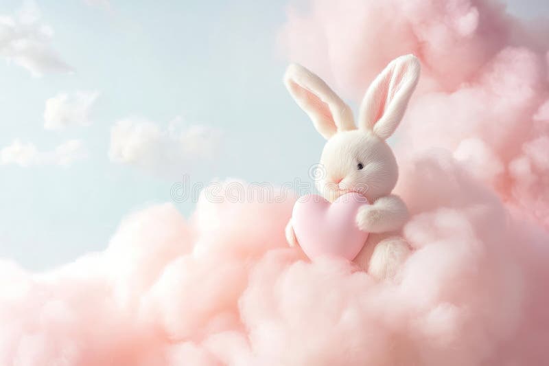 A Dreamy Pastel-colored Easter Bunny Floating on a Fluffy Cotton Candy Cloud, Holding a Giant ...