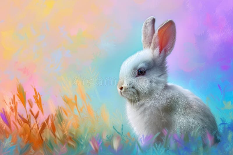 Dreamy Pastel Rabbit in Magical Meadow Stock Image - Image of soft ...
