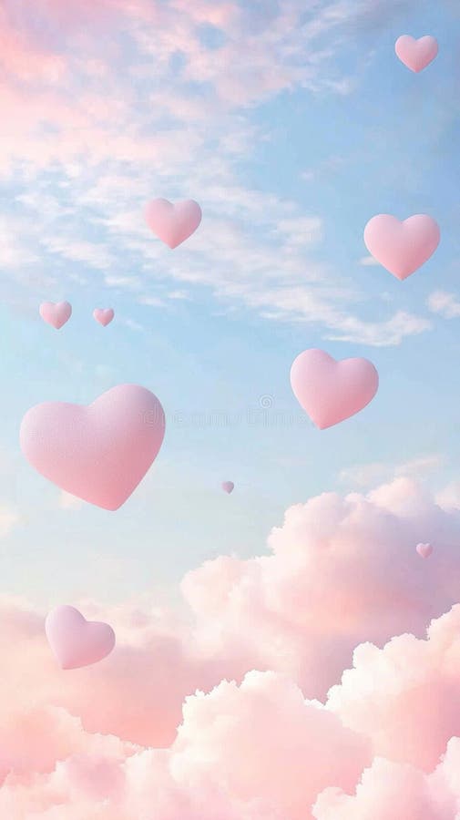 Soft Pink Sky Fluffy Clouds Floating Hearts Background Stock Photos ...