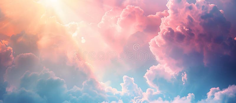 Dreamy Pastel Sky with Sun Rays & Clouds Stock Illustration ...