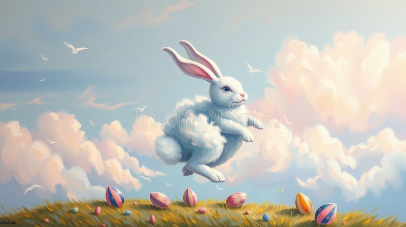Easter Bunny Made of Clouds Hopping in the Sky, Hiding Eggs on the Ground Stock Photo - Image of ...