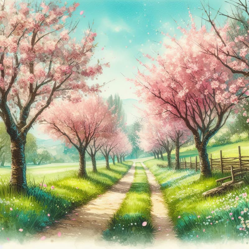 Dreamy Path Lined with Sakura Stock Illustration - Illustration of fresh, spring: 362458334