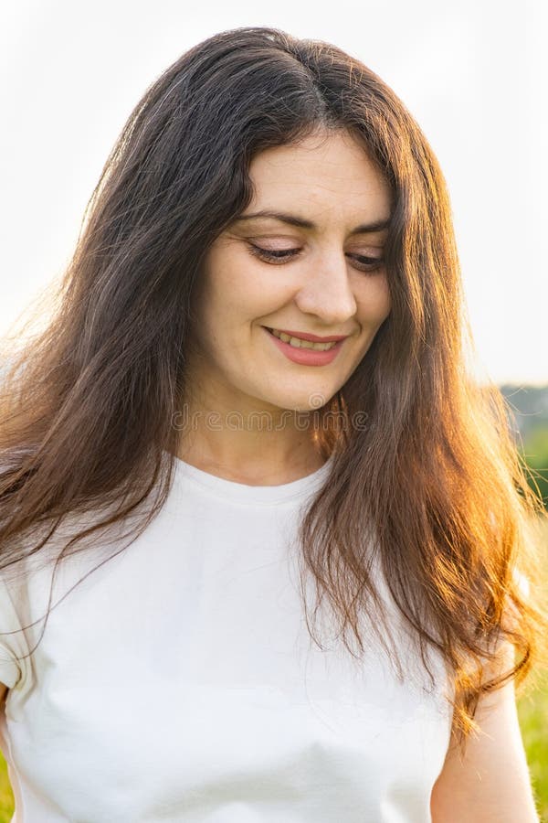 Dreamy Pensive 35 Year Old Brunette Woman In Nature The Concept Of Unity With Nature Feminine