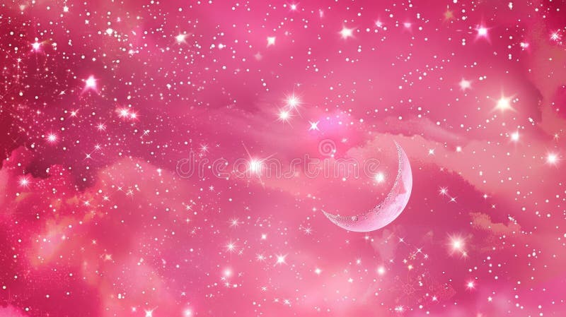 Dreamy Pink Celestial Background with Crescent Moon and Stars Stock ...