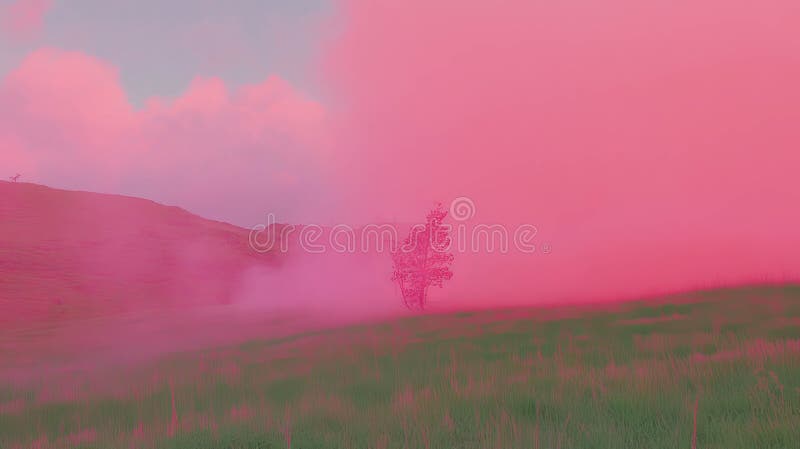 Dreamy Pink Cinematic Landscape with Lone Tree and Misty Clouds Stock ...
