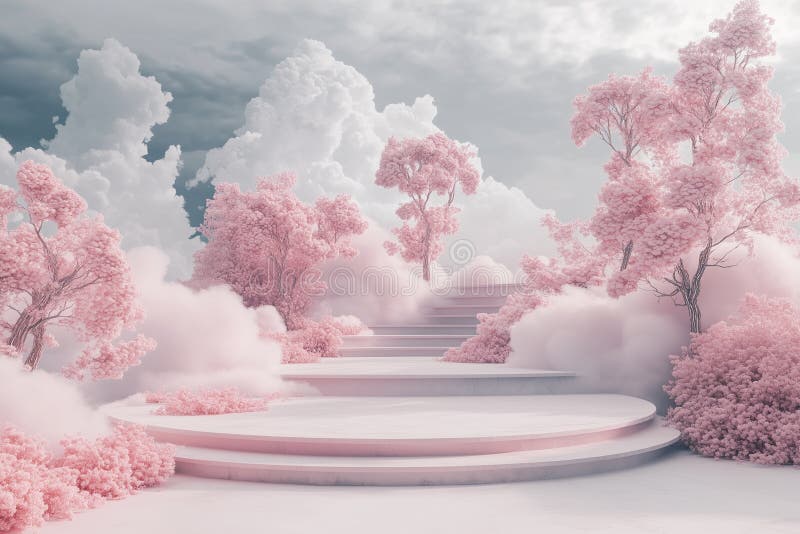 Dreamy Pink Cloudscape Pathway Stock Illustration - Illustration of ...