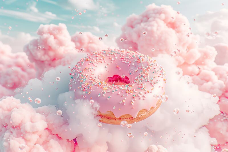 A Dreamy Pink Donut Floats through the Clouds in Zero Gravity Stock Image - Image of food ...