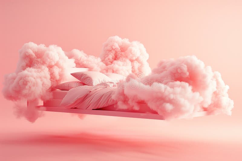 Dreamy Pink Floating Bed Surrounded by Fluffy Clouds in a Surreal ...